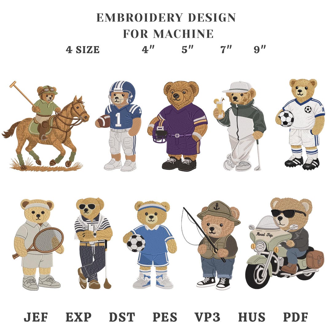 Sports & Lifestyle Teddy Bear Embroidery Bundle, Vintage Teddy Bear ...