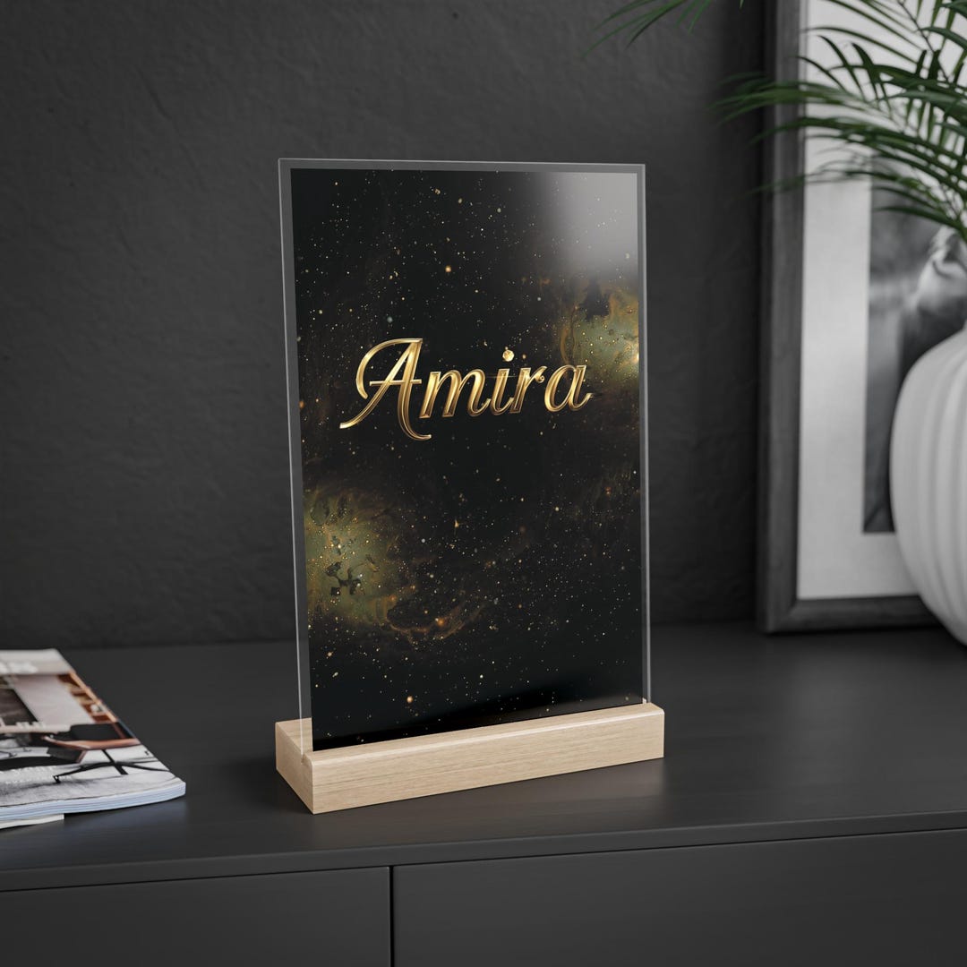 Gold Script Name Amira Acrylic Sign With Wooden Stand | Galaxy ...