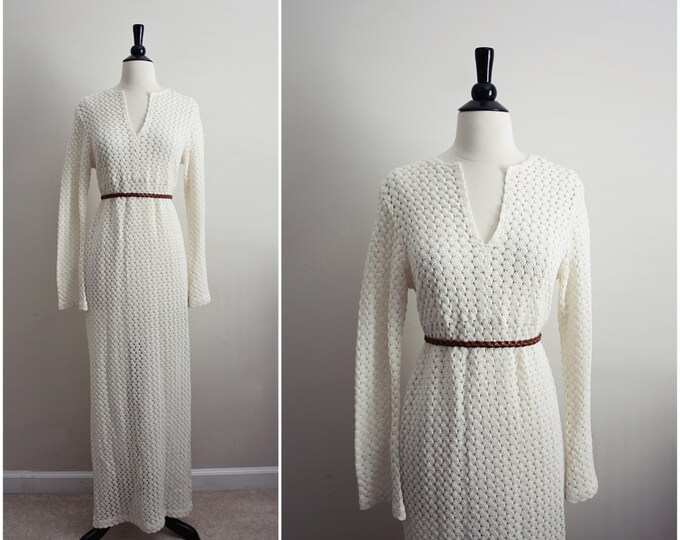 Vtg 70s Cutout Crochet Lace Hippie Boho Festival Draped Wedding Maxi ...