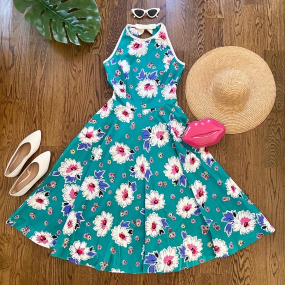 80s Floral Lanz Dress / 80s Open Back Dress / Vintage… - Gem