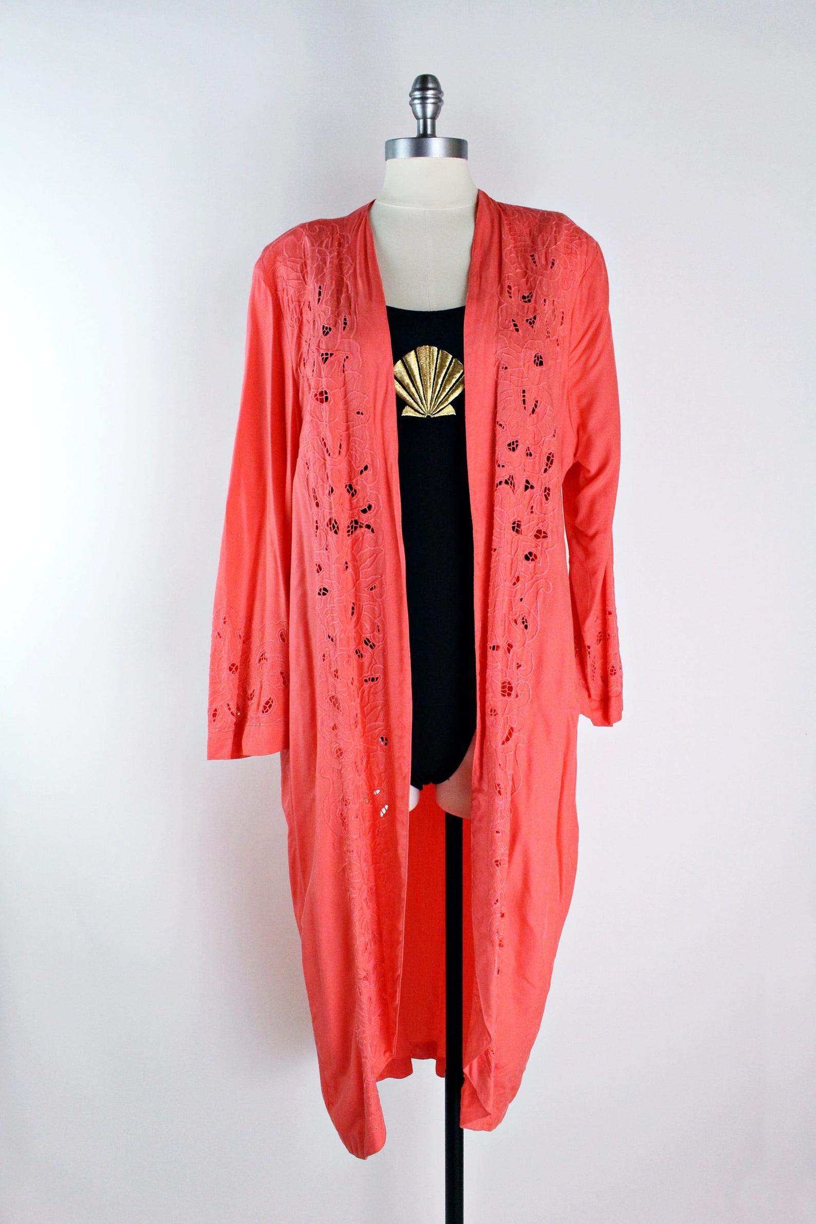 80s Eyelet Coral Cover up / 1980s Floral Embroidery Duster / Floral ...