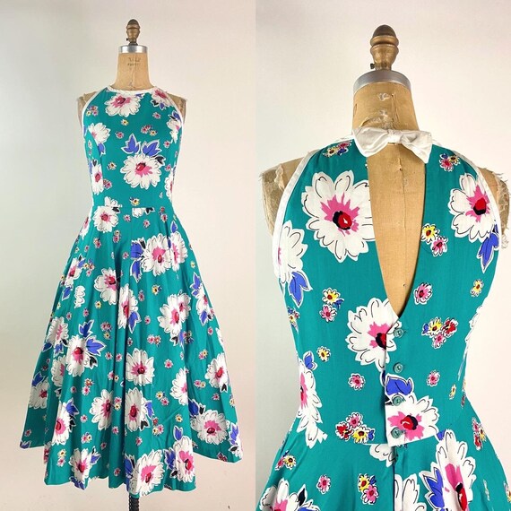 80s Floral Lanz Dress / 80s Open Back Dress / Vintage… - Gem