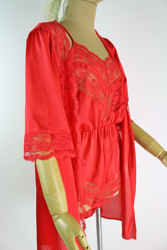 70s Red JC Penney Teddy Nylon Lace Bodysuit and Robe … - Gem