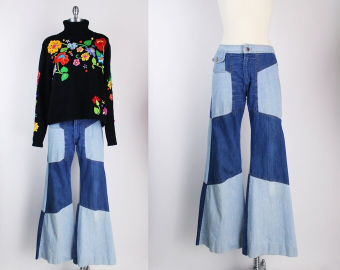 70s High Waisted Bell Bottoms Patchwork Jeans / Vintage Jeans - Etsy