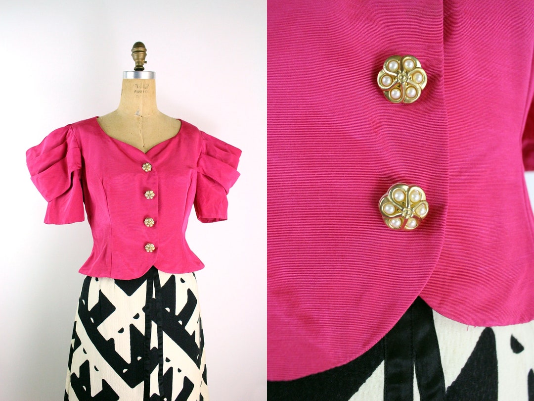80s Hot Pink Party Top / Big Sleeves Blouse / Fuchsia Blouse / Prom ...