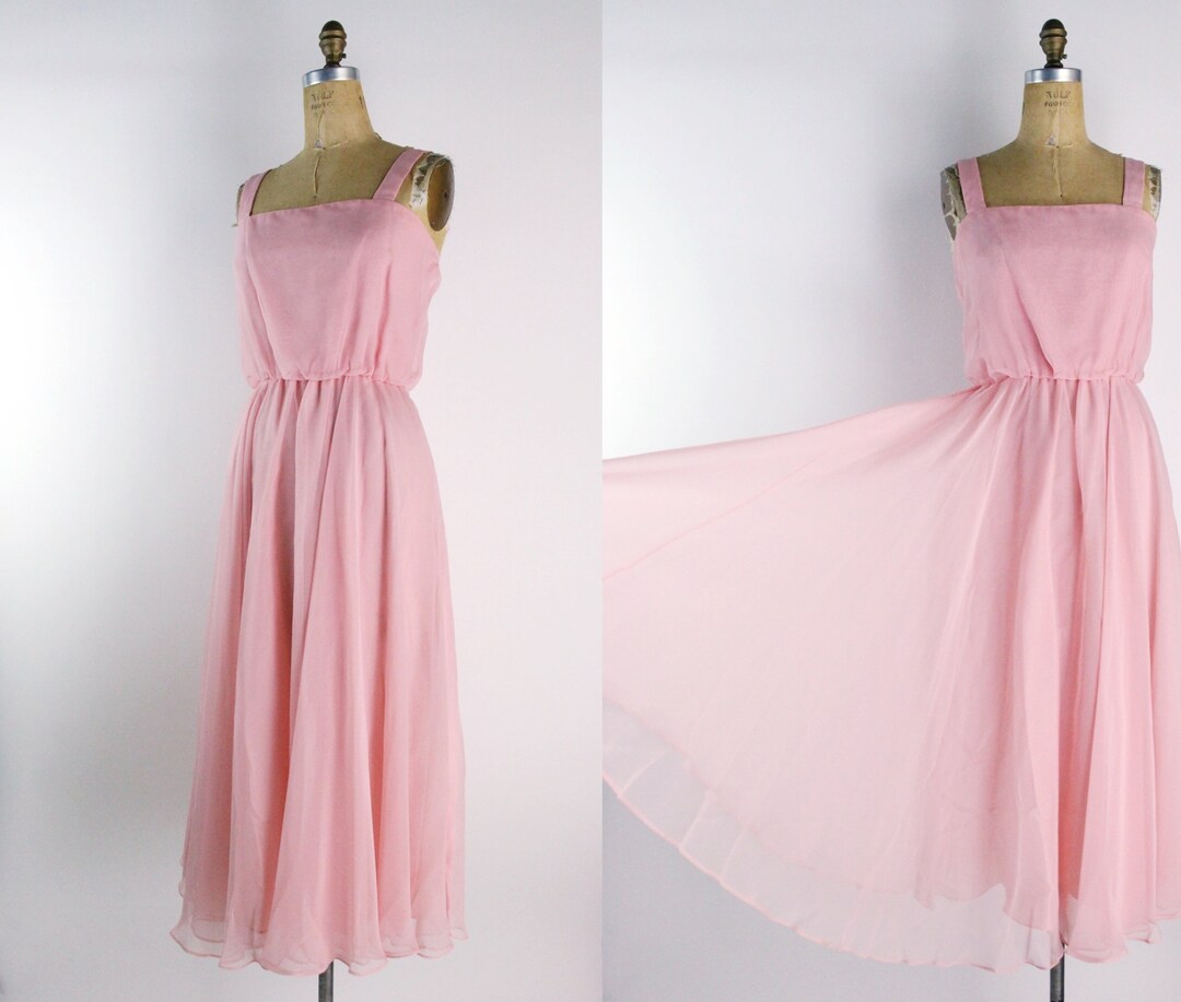 70s Pink Flowy Dress / Pink Midi Dress / Pink Party Maxi Dress / Pink ...