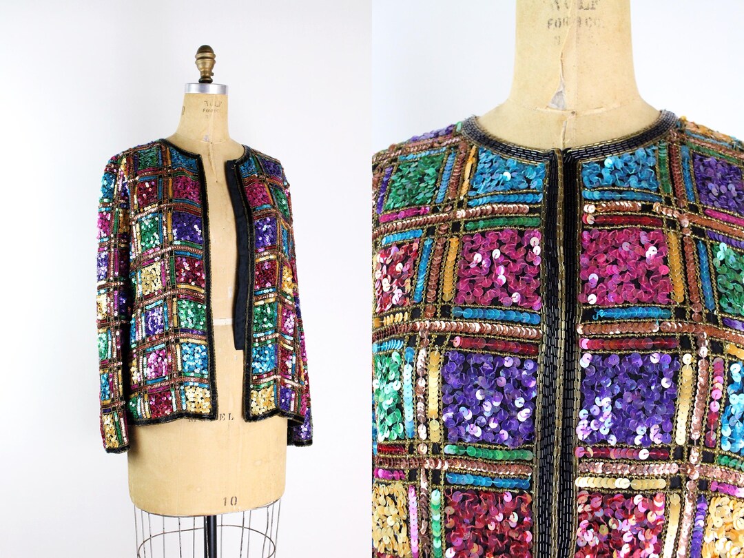 80s Rainbow Sequin Jacket / Colorful Sequined Jacket / 80s Glam Blouse / Sequined Rainbow ...