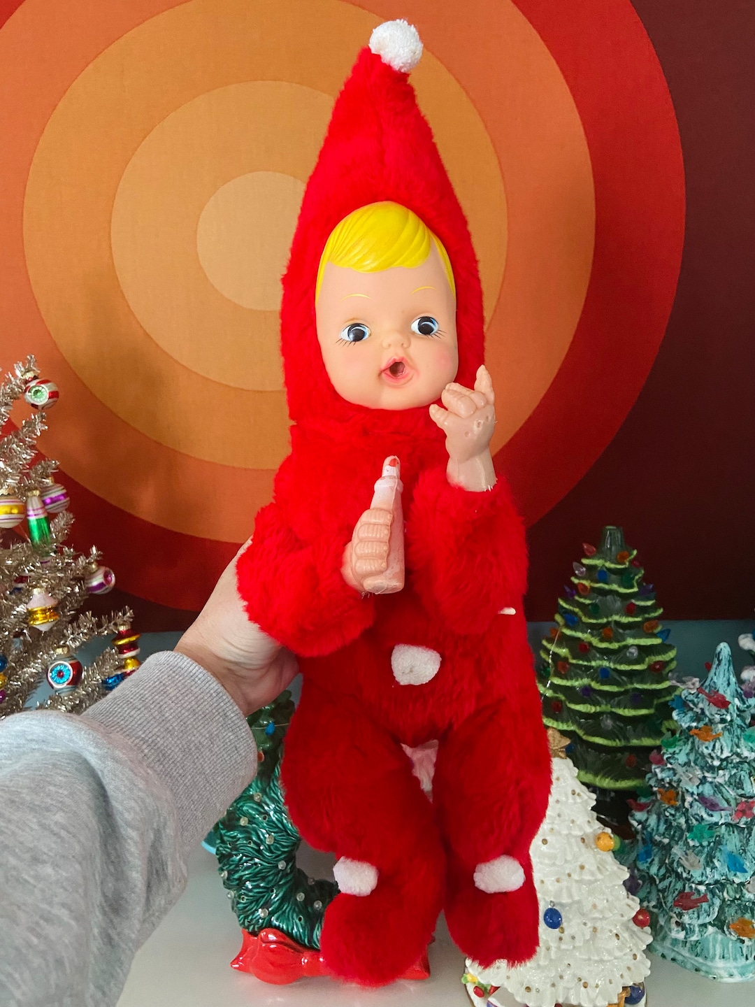 Vintage Plush Baby Doll / Rubber Face Baby Doll / Christmas / Pom Pom ...