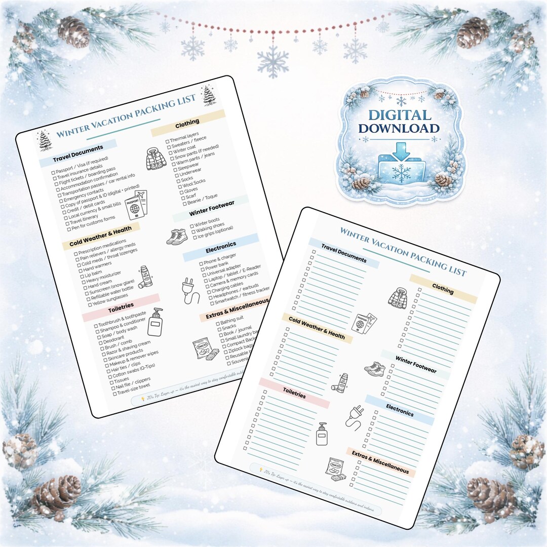 Winter Vacation Packing List Printable | Cold Weather Travel Checklist ...