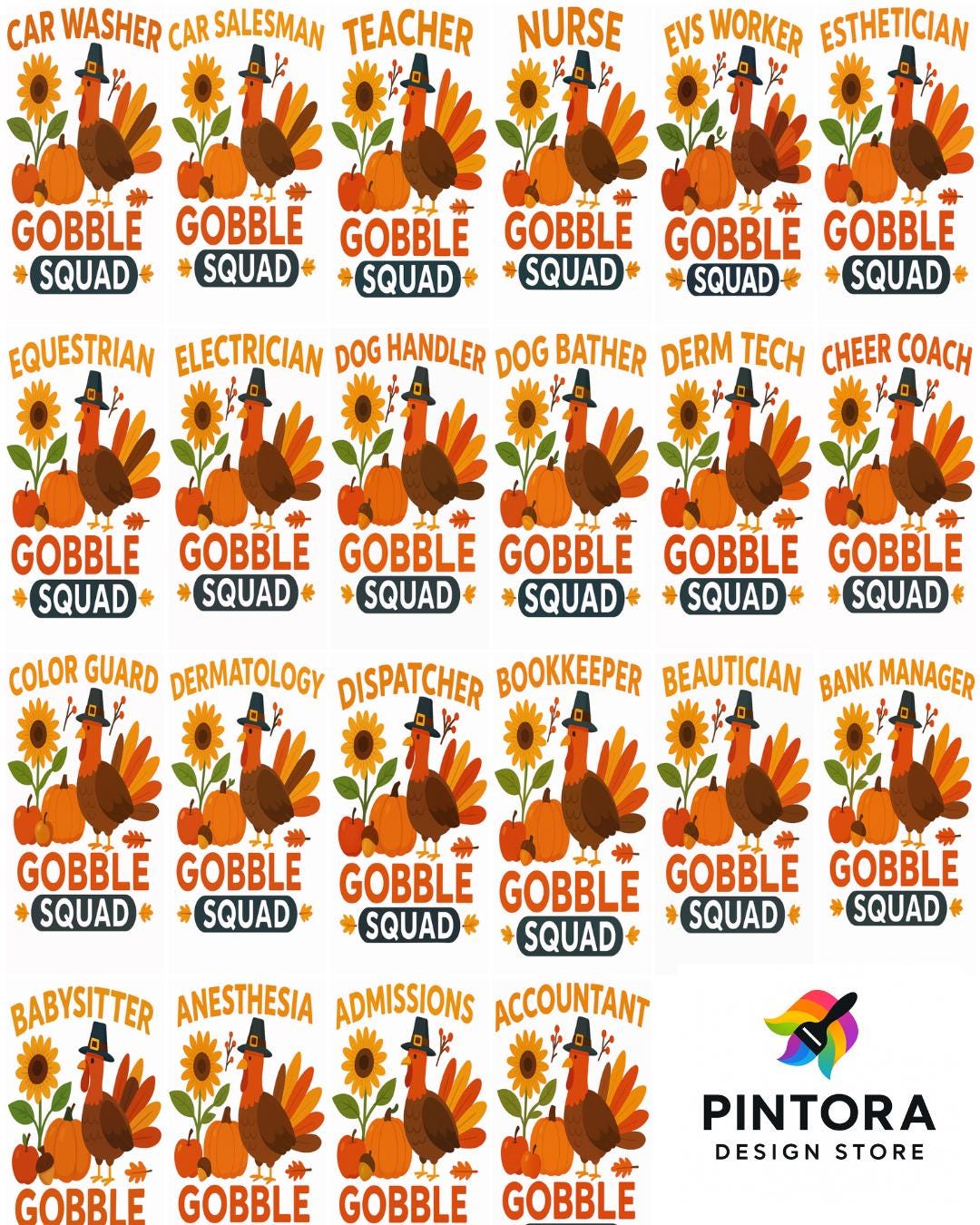 Gobble Squad Thanksgiving Turkey PNG Bundle: Profession Designs ...
