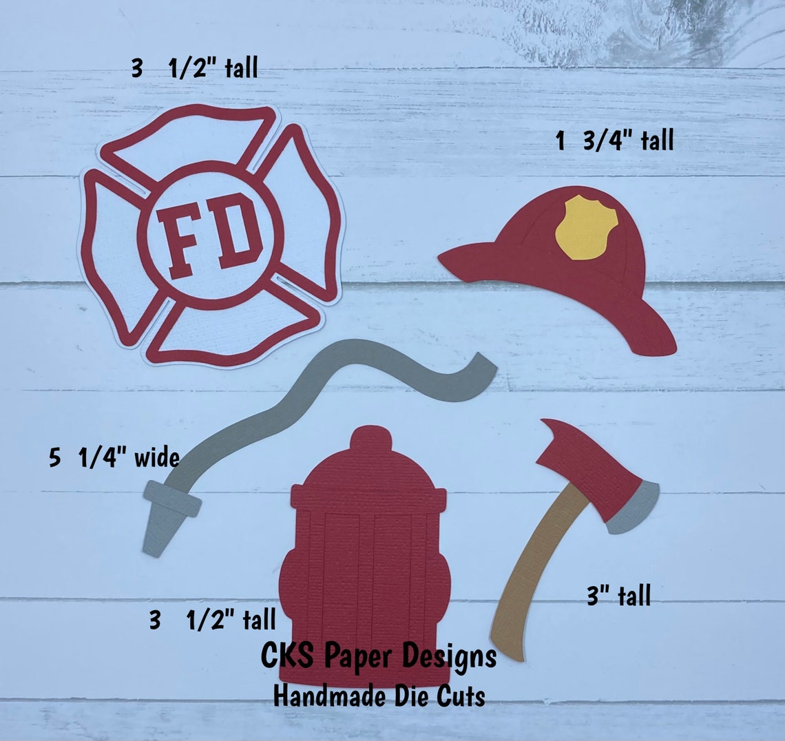 Handmade Paper Die Cut FIRE MAN SET Firefighter Maltese Axe Hat Fire ...