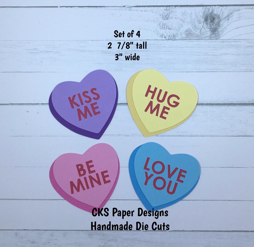 Handmade Paper Die Cut VALENTINE CONVERSATION HEARTS Set of 4 Scrapbook ...