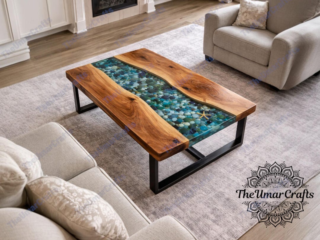 Handmade Coastal Ocean Pebble Resin Inlay, Walnut Live Edge Coffee ...