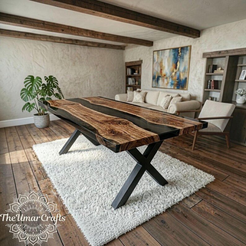 Walnut Resin Dining Table, Modern Black Epoxy Table - Etsy