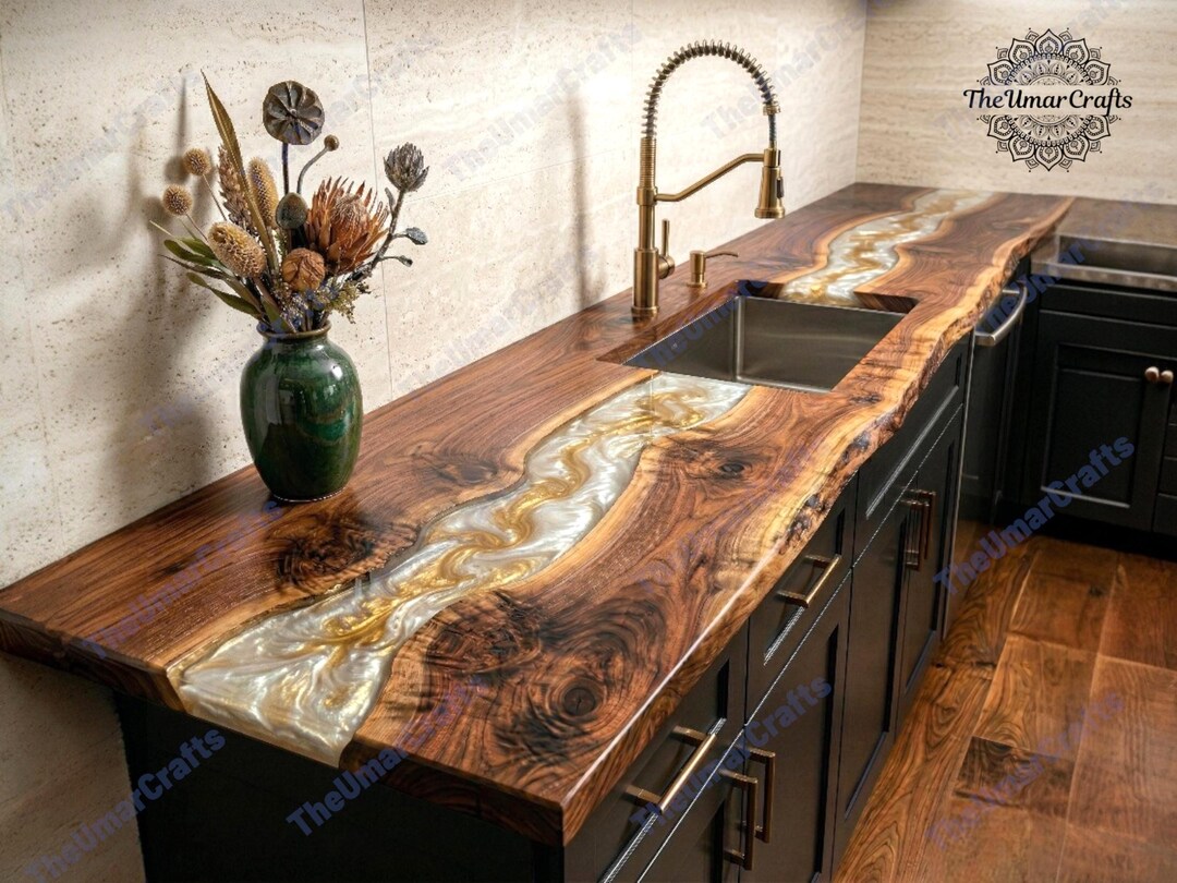 Walnut Live Edge Countertop, White Gold Epoxy River Kitchen Island Top ...