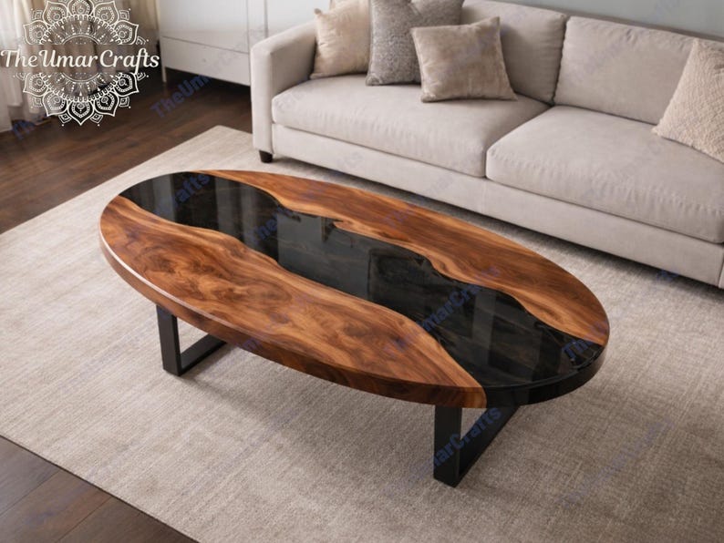 Black Epoxy River Coffee Table, Oval Wood Resin Table, Handmade Luxury ...