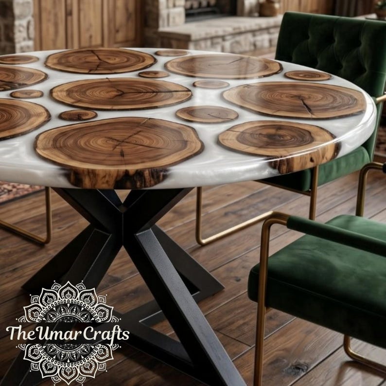 Round Walnut Wood Slice Epoxy Dining Table, Modern Live Edge Coffee ...