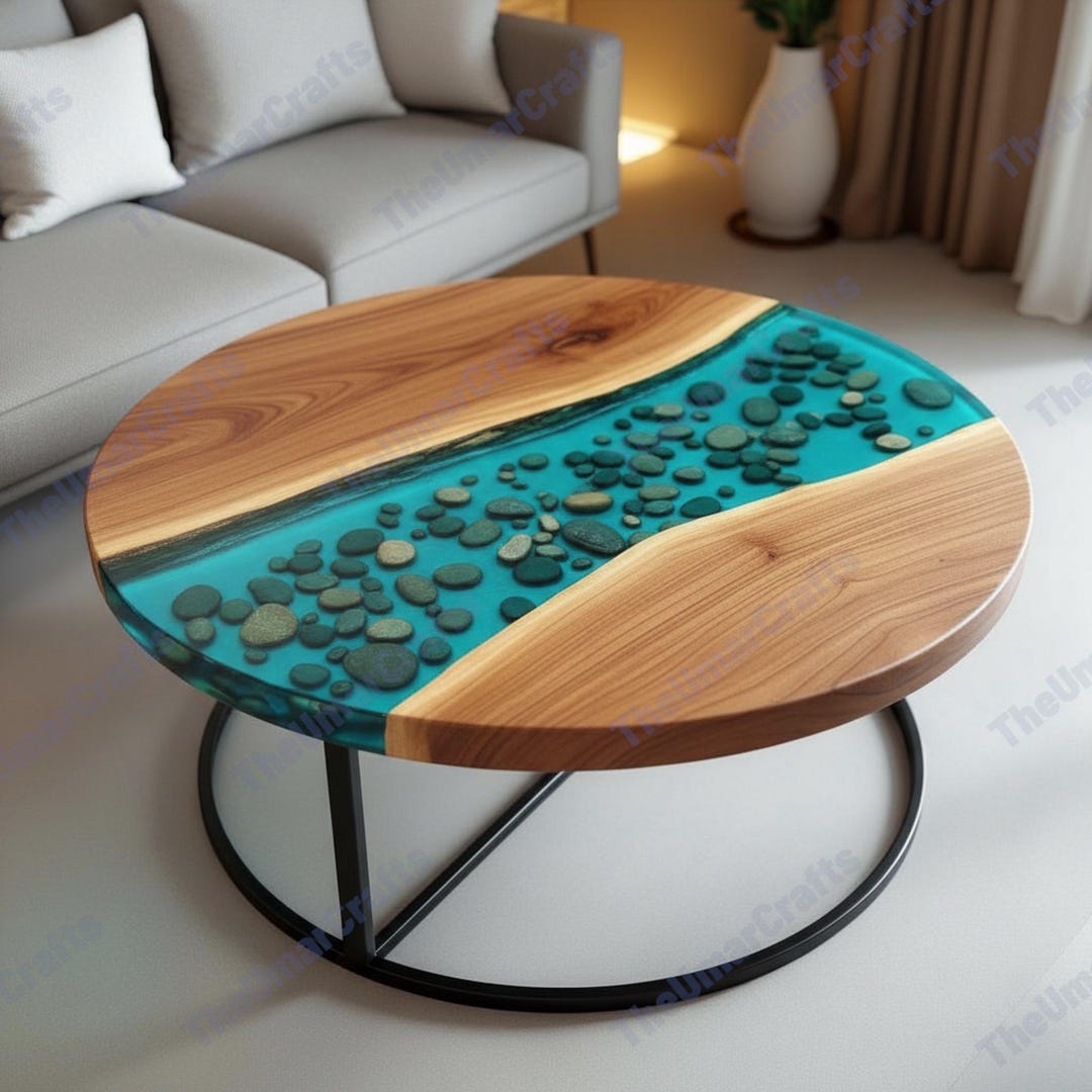 Round Epoxy River Table With Embedded Stones, Live Edge Wood Coffee ...