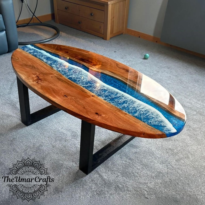 Ocean Blue Epoxy Resin River Coffee Table, Oval Walnut Live Edge Wood ...