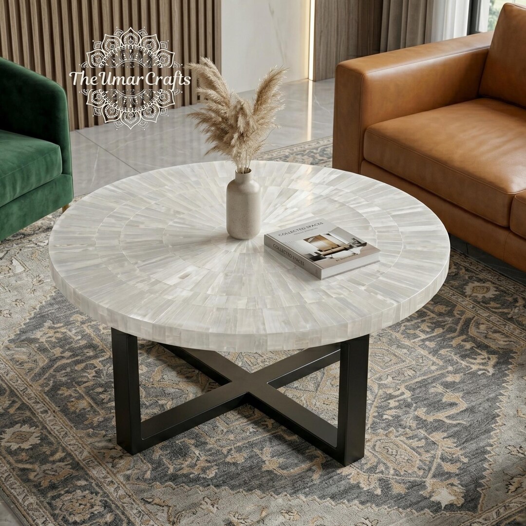 Handcrafted Selenite Round Coffee Table, Luxury Modern Centerpiece ...