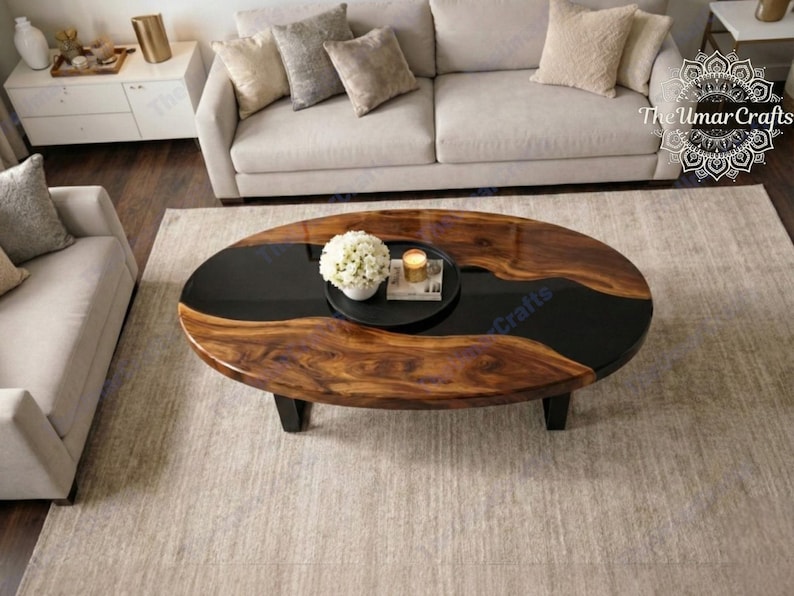 Black Epoxy River Coffee Table, Oval Wood Resin Table, Handmade Luxury ...