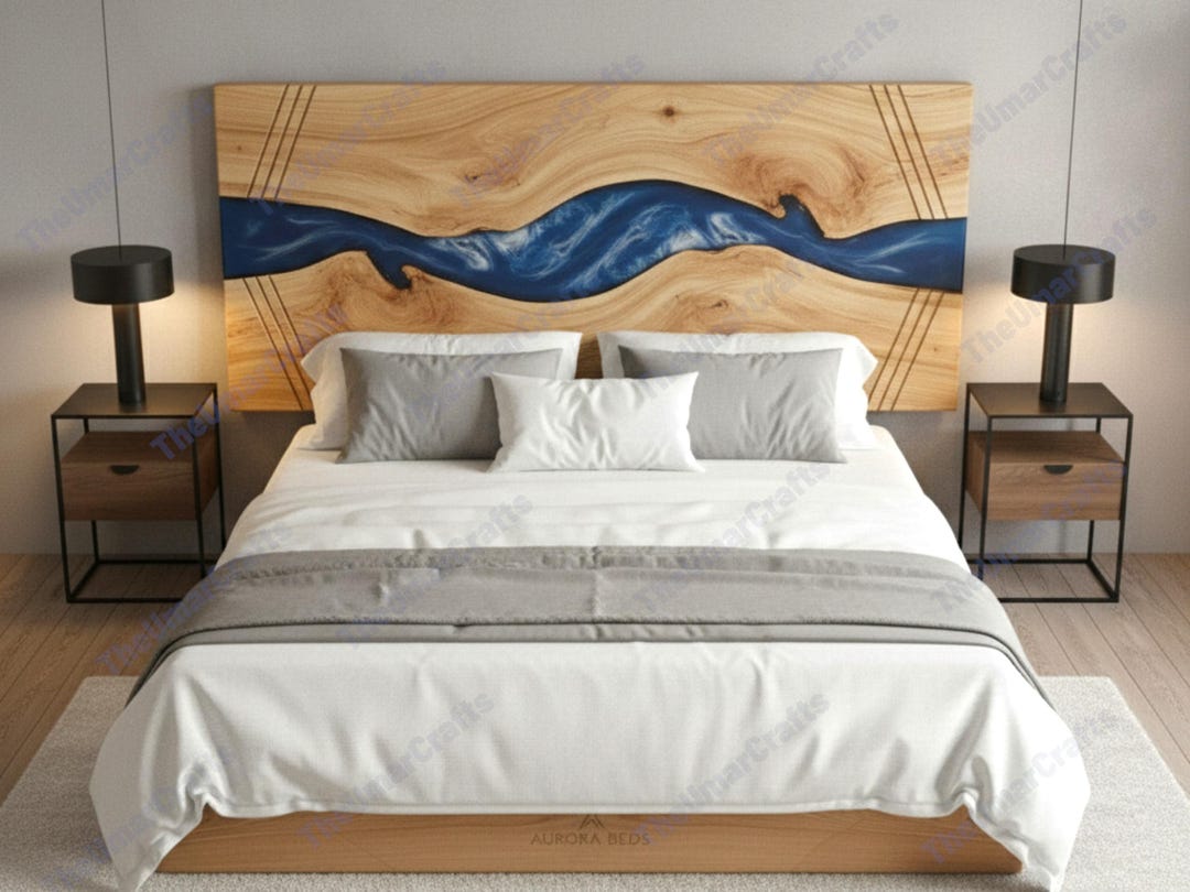 Custom Bed Head, Blue Epoxy River, Light Wood - Etsy