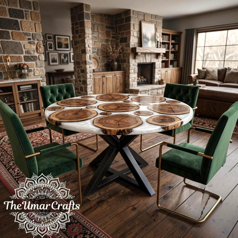 Round Walnut Wood Slice Epoxy Dining Table, Modern Live Edge Coffee ...