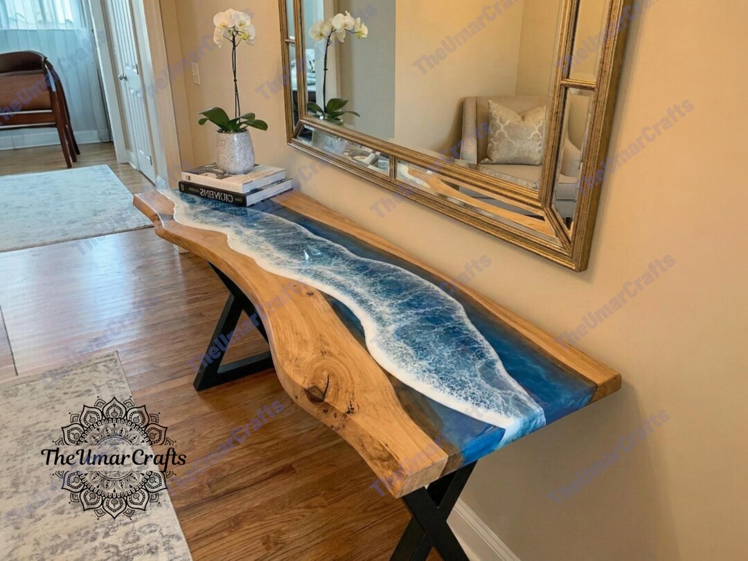 Ocean Resin Console Table, Blue Epoxy River Entryway Table, Coastal ...