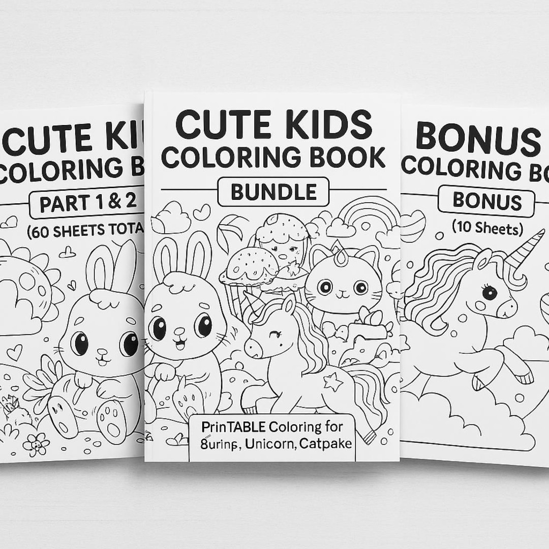 Cute Kids Coloring Book Bundle – 70 Pages Total (part 1, Part 2, Bonus ...