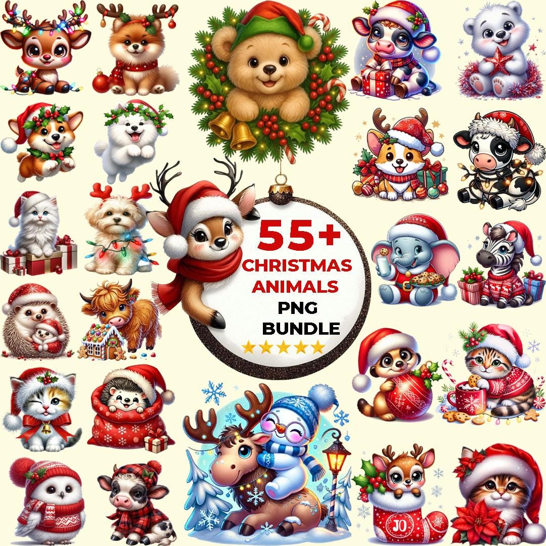 55+ Funny Christmas Animals Png Bundle, Winter Woodland Holiday Clip ...