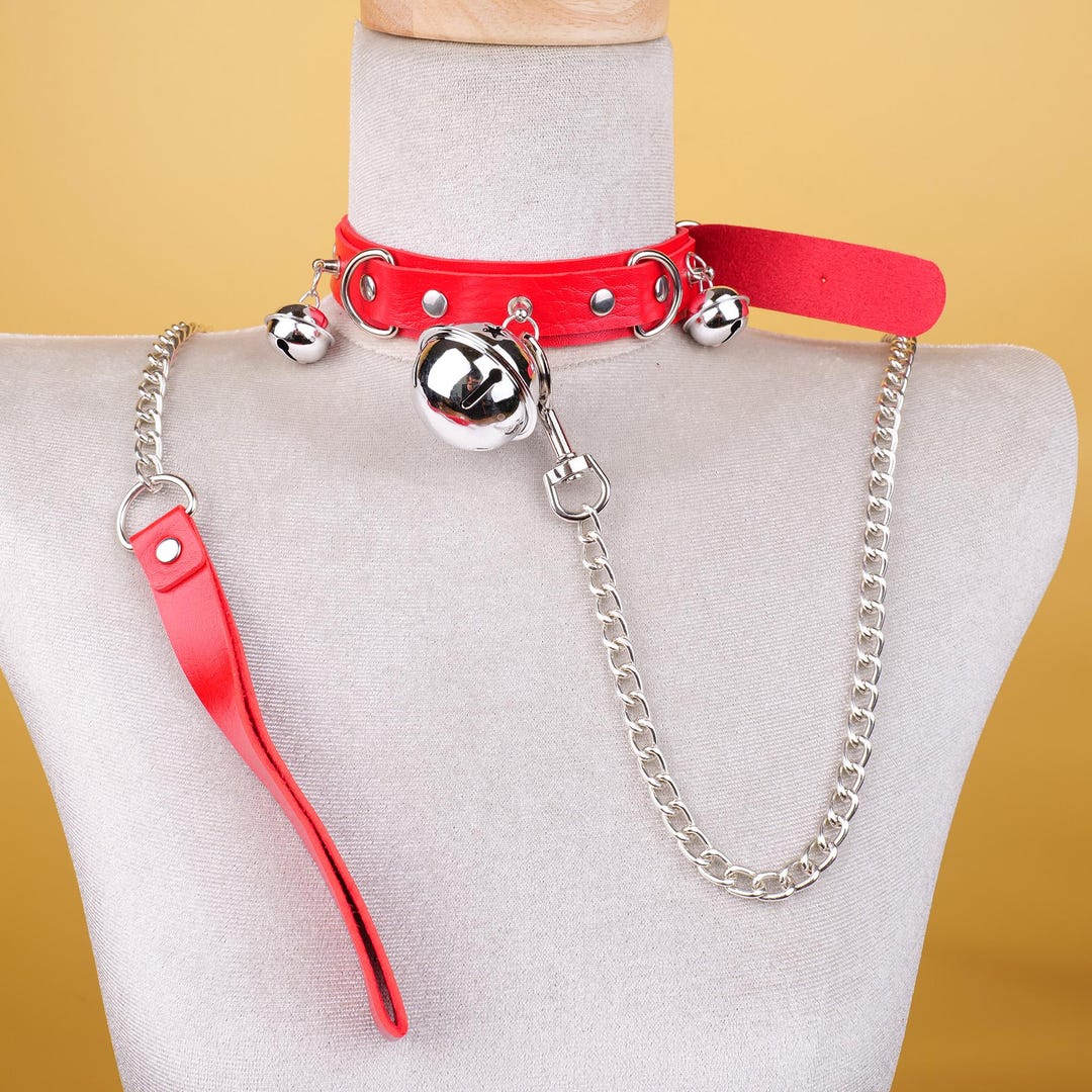 Red Vegan Leather Punk Choker Necklace With Metal Bells and Chain ...