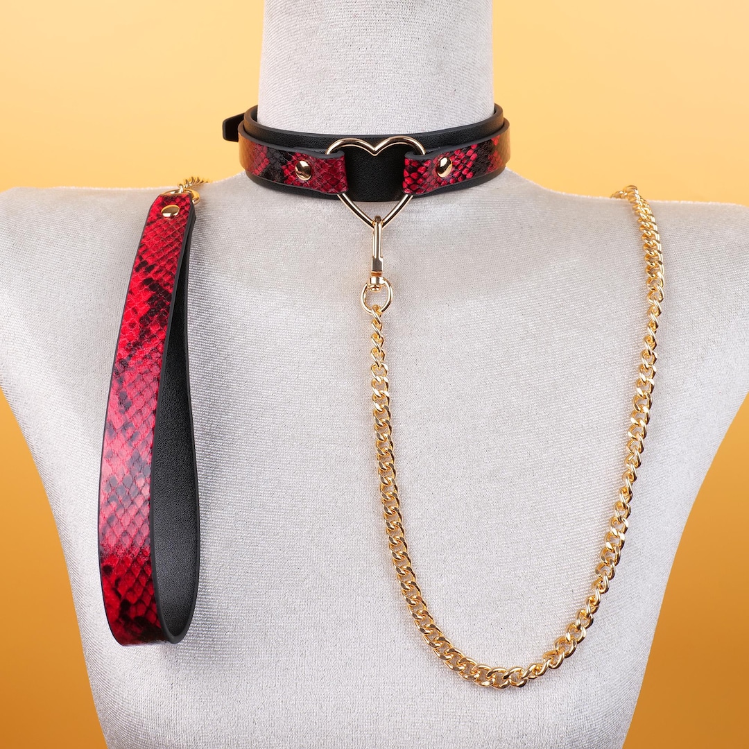 Red Black Punk Leather Choker, Heart Ring Gothic Collar, Edgy Valentine ...
