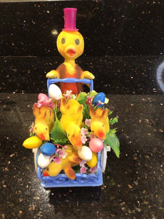 Vintage Flocked Chick Pushing Little Chicks in Cart Made in | Etsy