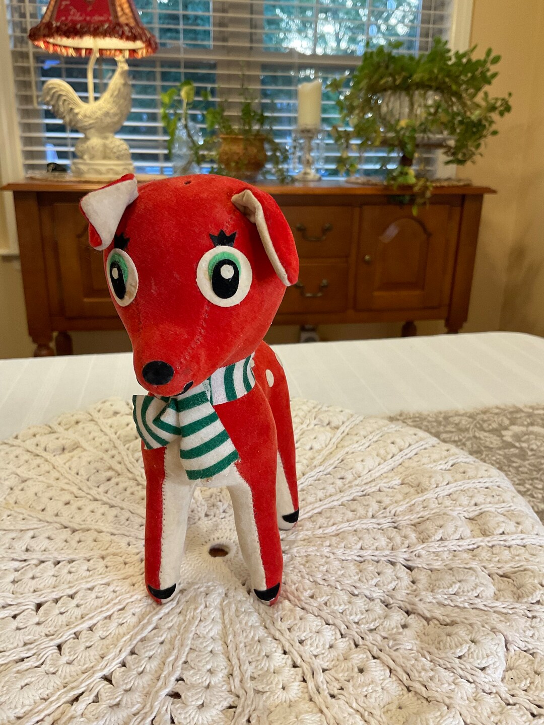 Vintage Stuffed Red Felt 1960s Reindeer With Big Green Eyes and White ...