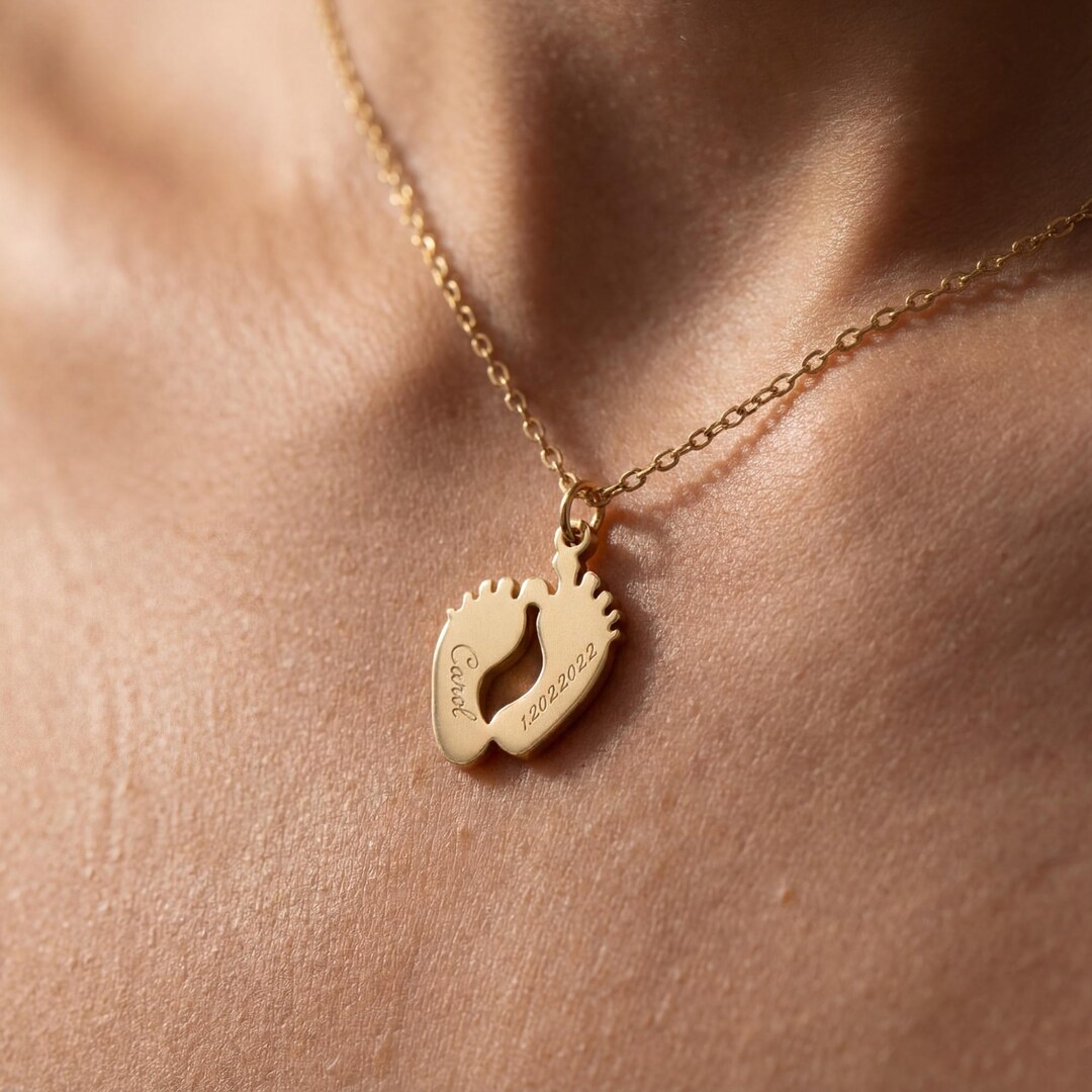 14K Gold Baby Feet Necklace – Personalized Pendant for New Moms – Name ...