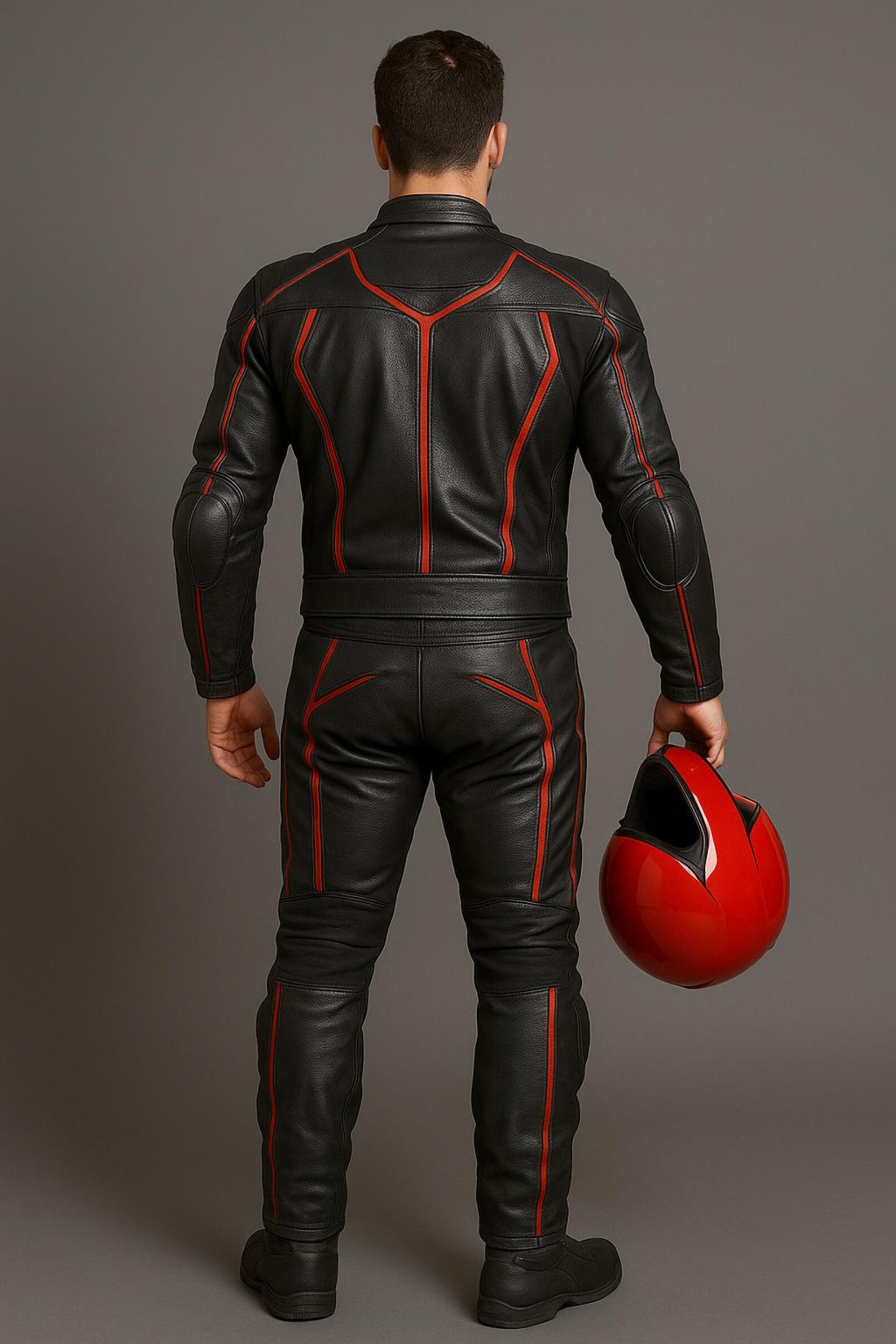 Men’s Black Leather Motorcycle Suit – Red Piping, Racing Biker Outfit ...