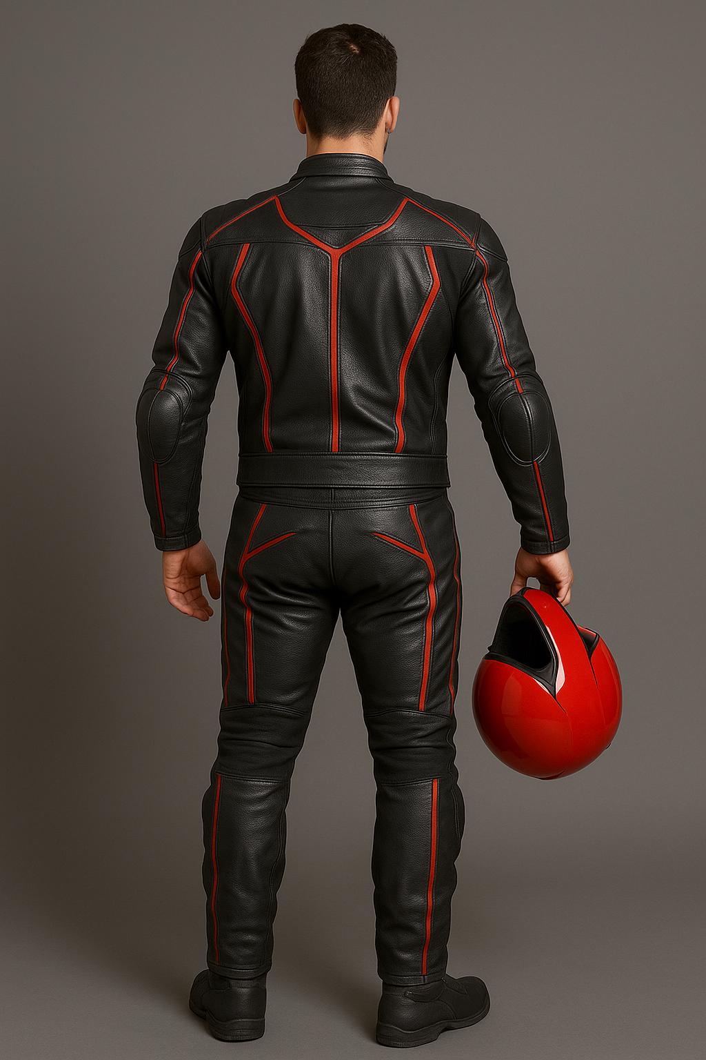 Men’s Black Leather Motorcycle Suit – Red Piping, Racing Biker Outfit ...
