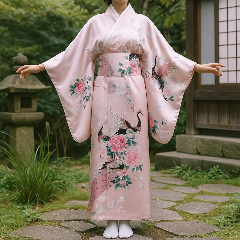 Elegant Japanese Kimono Robe for Women – Floral Polyester Yukata Style ...