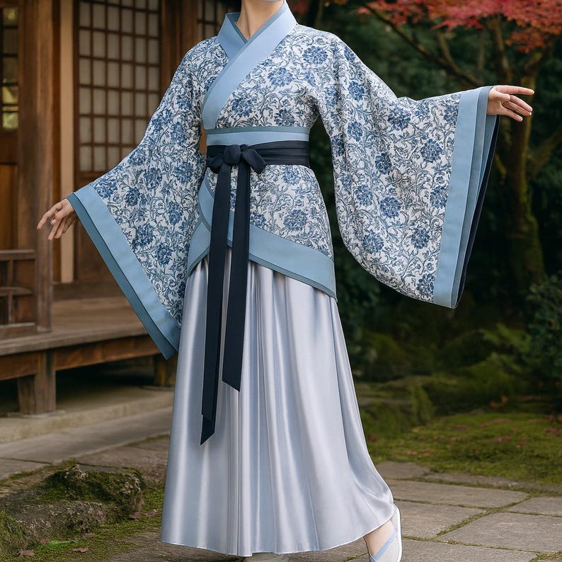 Floral Blue Hanfu Dress - Long Sleeve Kimono Style Gown - Etsy