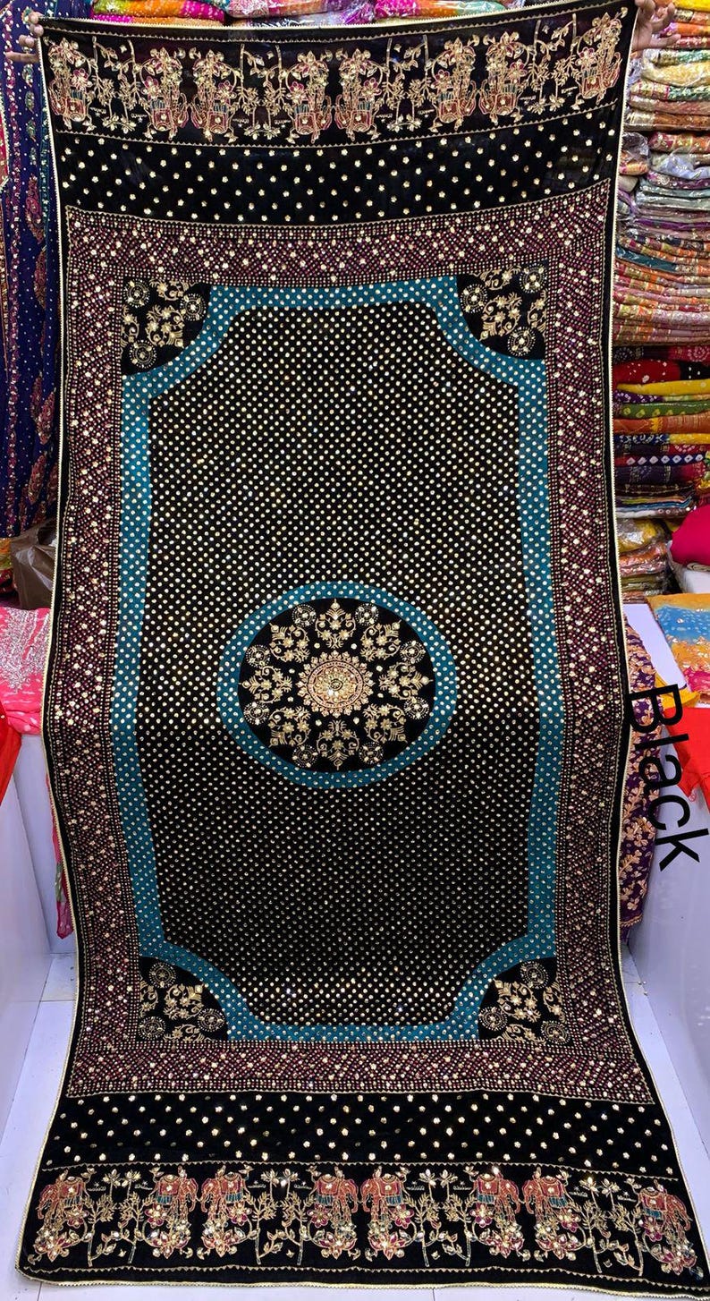 Luxury Velvet Screen Print Shawl Hand Embellished Gota and Pearls Micro ...