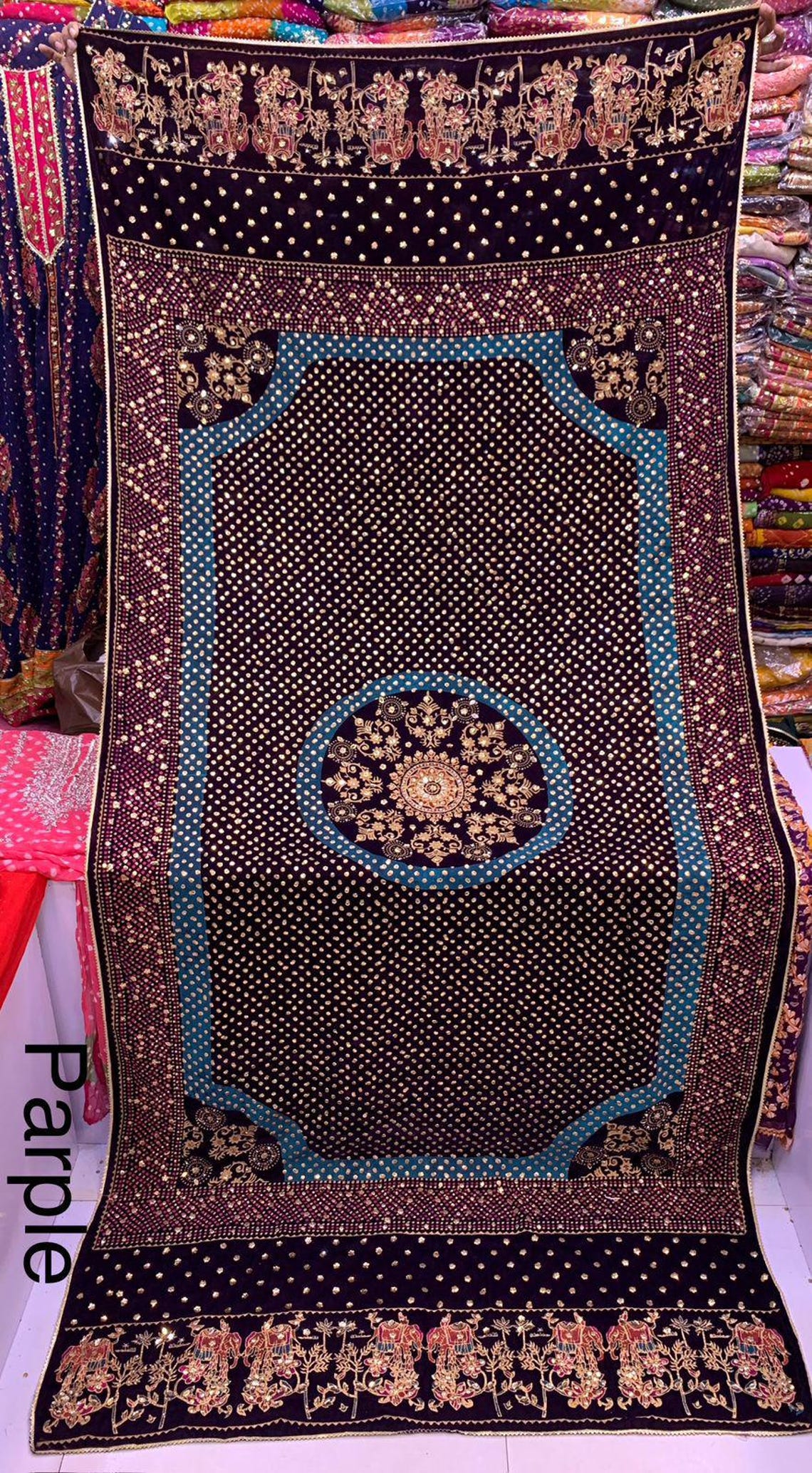 Luxury Velvet Screen Print Shawl Hand Embellished Gota and Pearls Micro ...