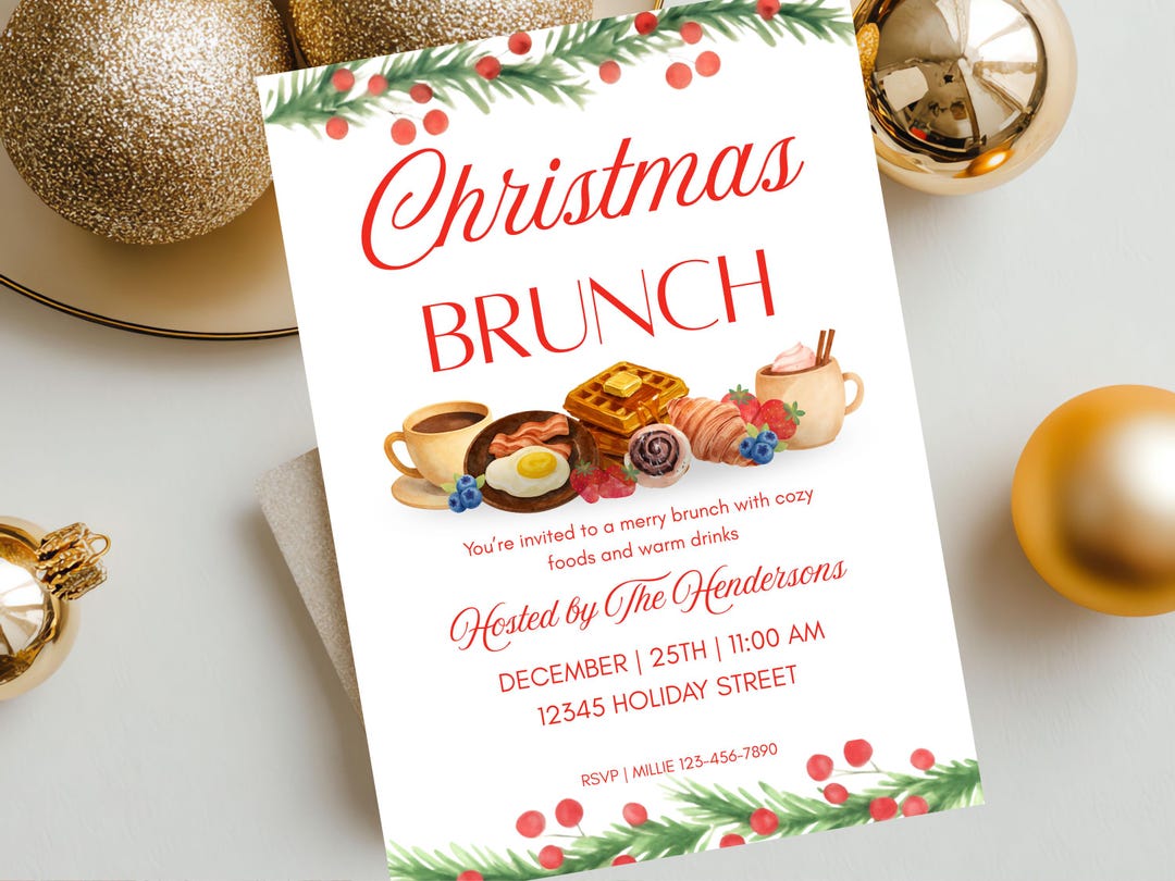 Christmas Brunch Invitation Template, Editable Holiday Party Invite ...