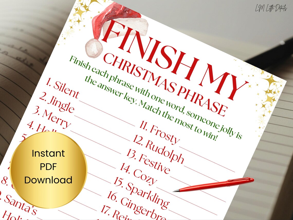 Christmas Finish My Phrase Game | Family Party Printable | Holiday ...