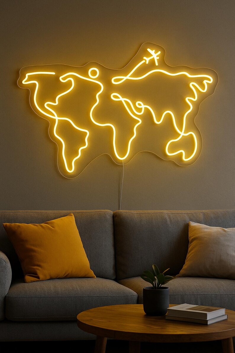 World Map Neon Sign – Modern Line Art LED Wall Light, Handmade LED Neon ...