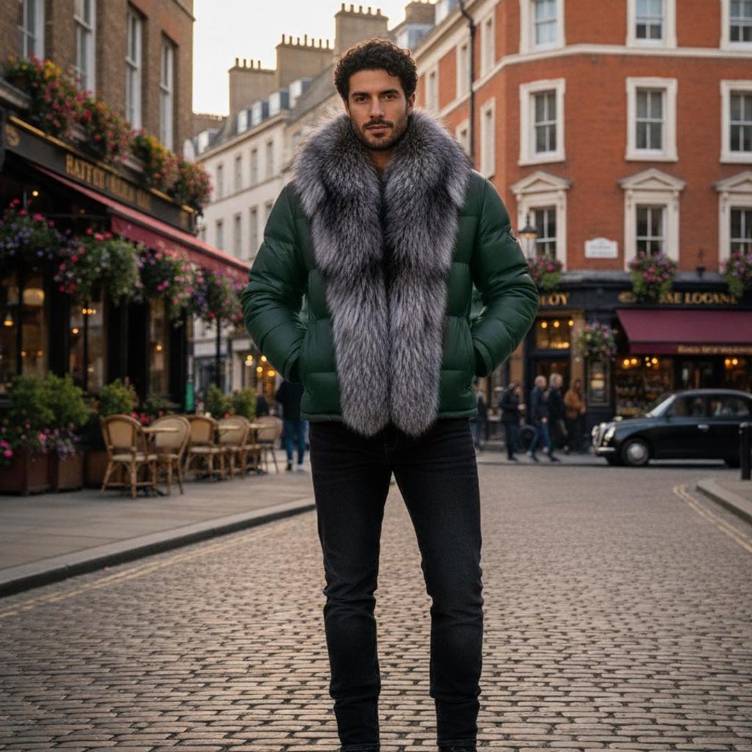 Green Padded Sheep Leather Coat | Extra Fluffy Grey Fur Trim Puffer ...