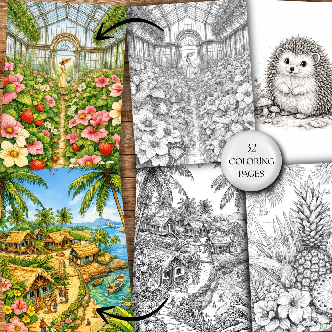 Tropical Summer Coloring Book | Beach, Fruit, Nature Scenes (digital ...