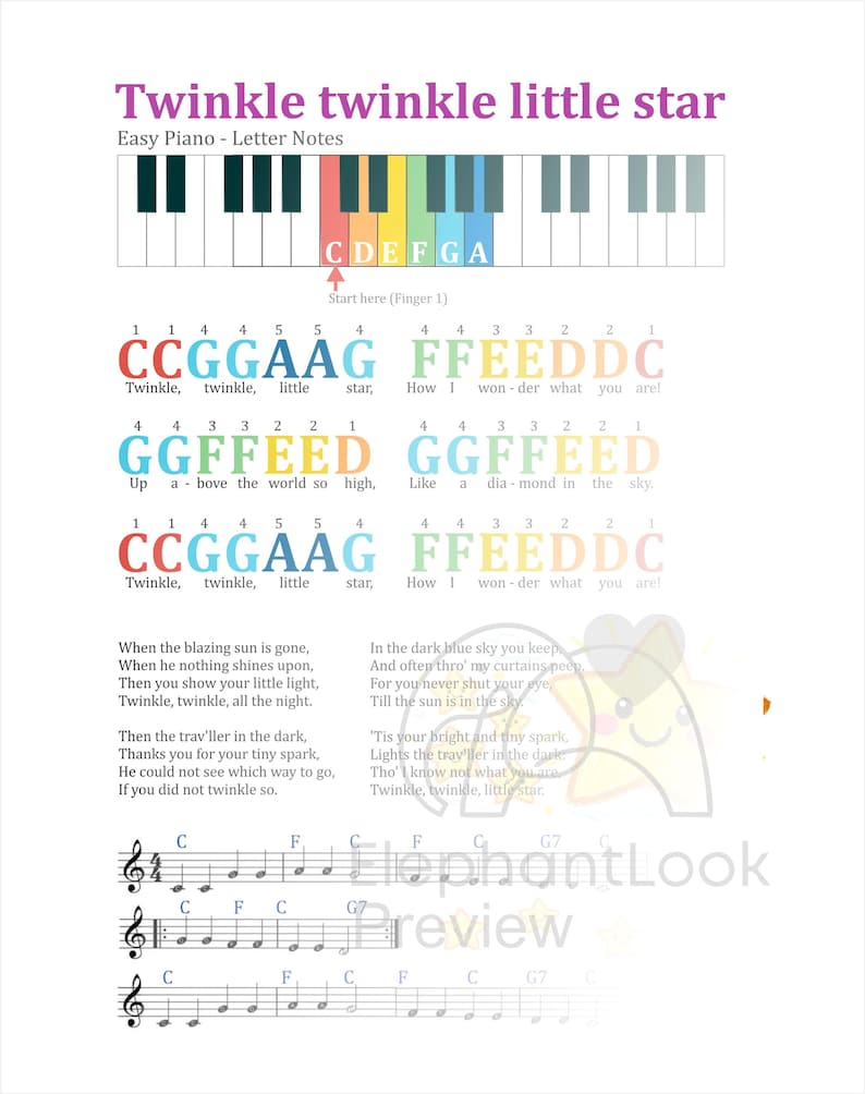 Twinkle Twinkle Little Star Easy Piano Sheet Music, Color Coded Letter ...