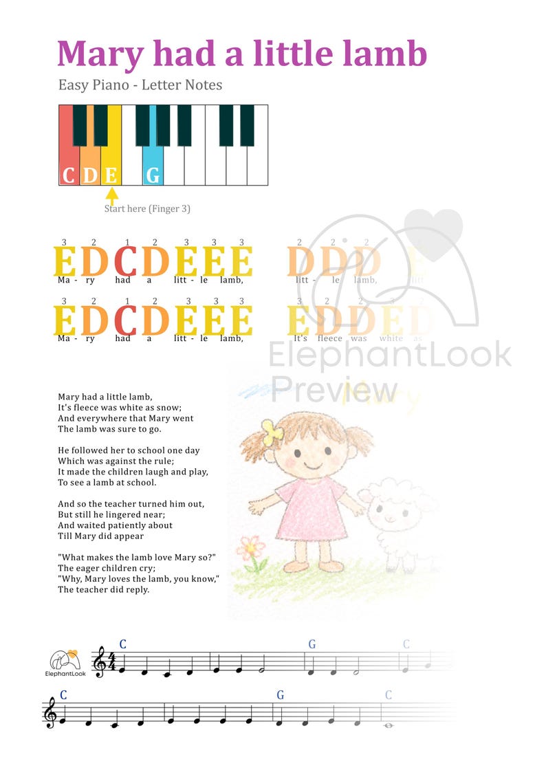 Mary Had a Little Lamb Kids Song Piano Notes PDF, Easy Beginner Letter ...