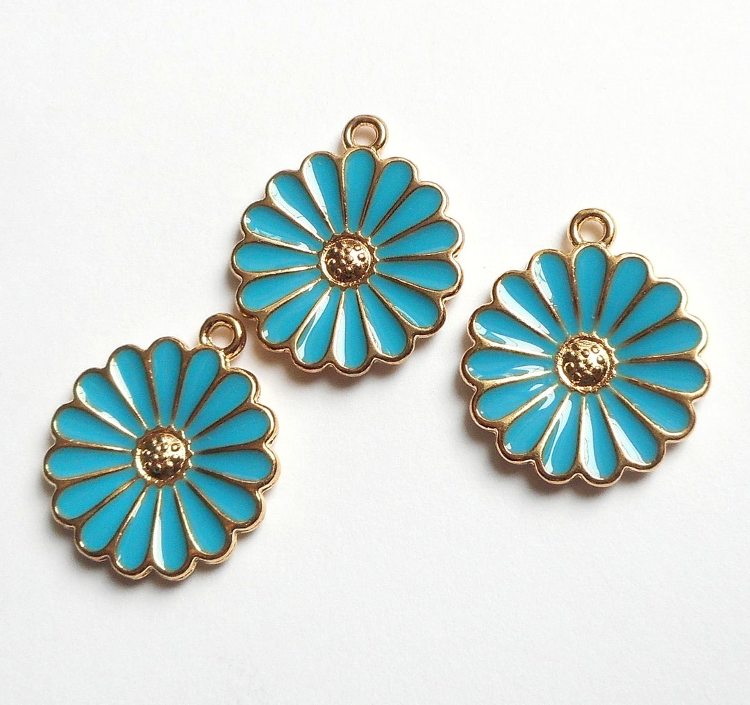 Gold Tone Enamel Teal Blue Daisy Flower Charm (6pcs)-white Available - Etsy