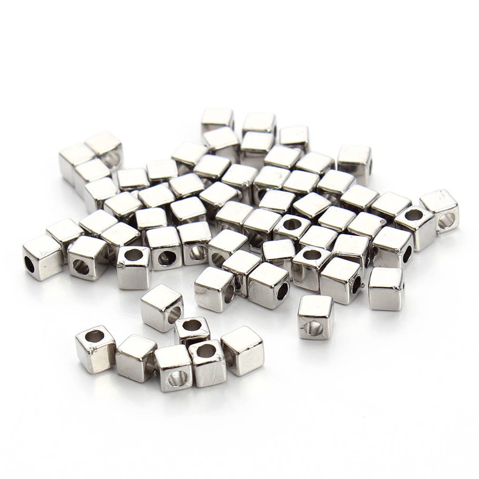 20pcs-4mm Silver Tone Cube Beads Metal, Small Spacer for Jewelry Making ...